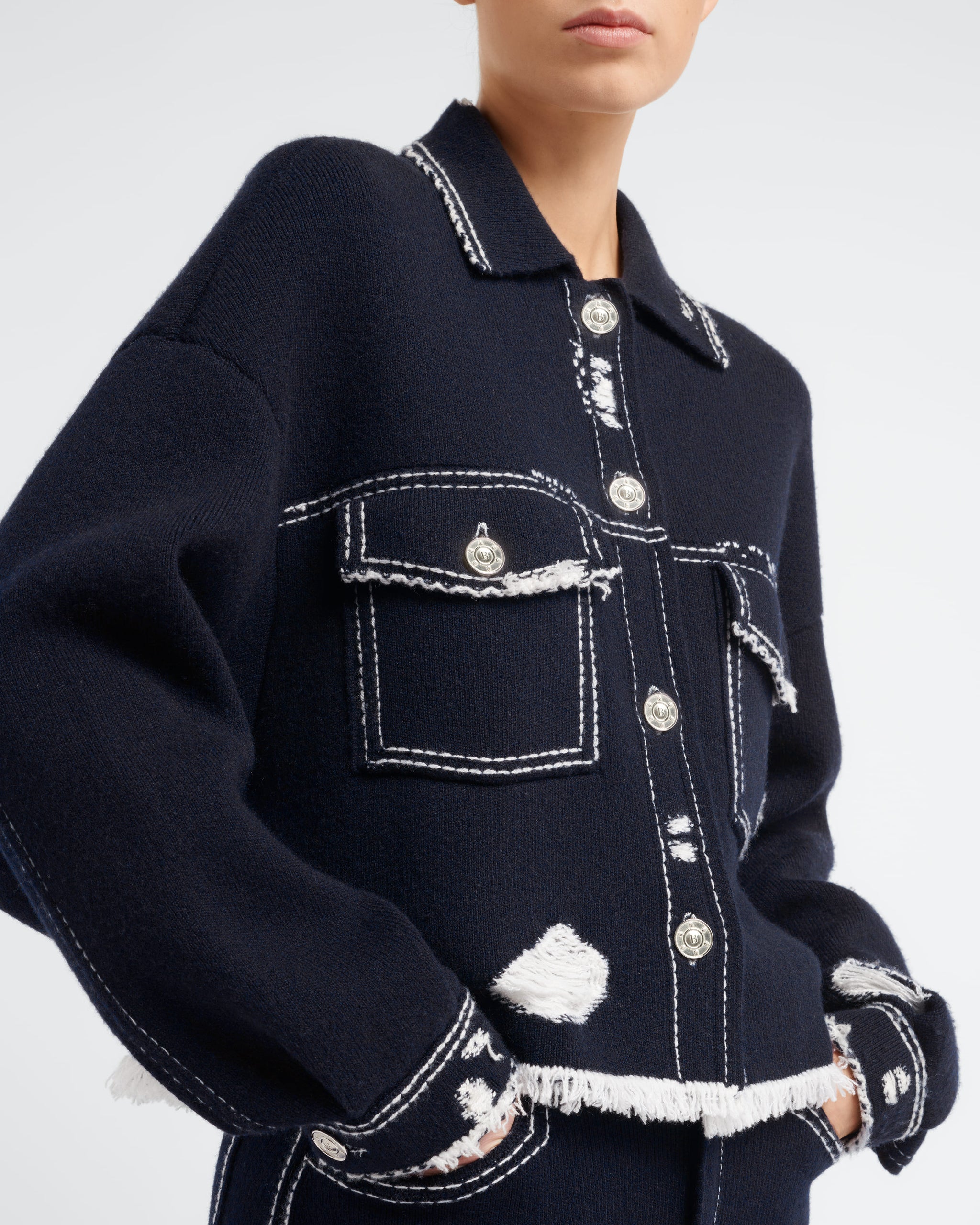 Denim fringed cashmere and cotton jacket – Barrie.com