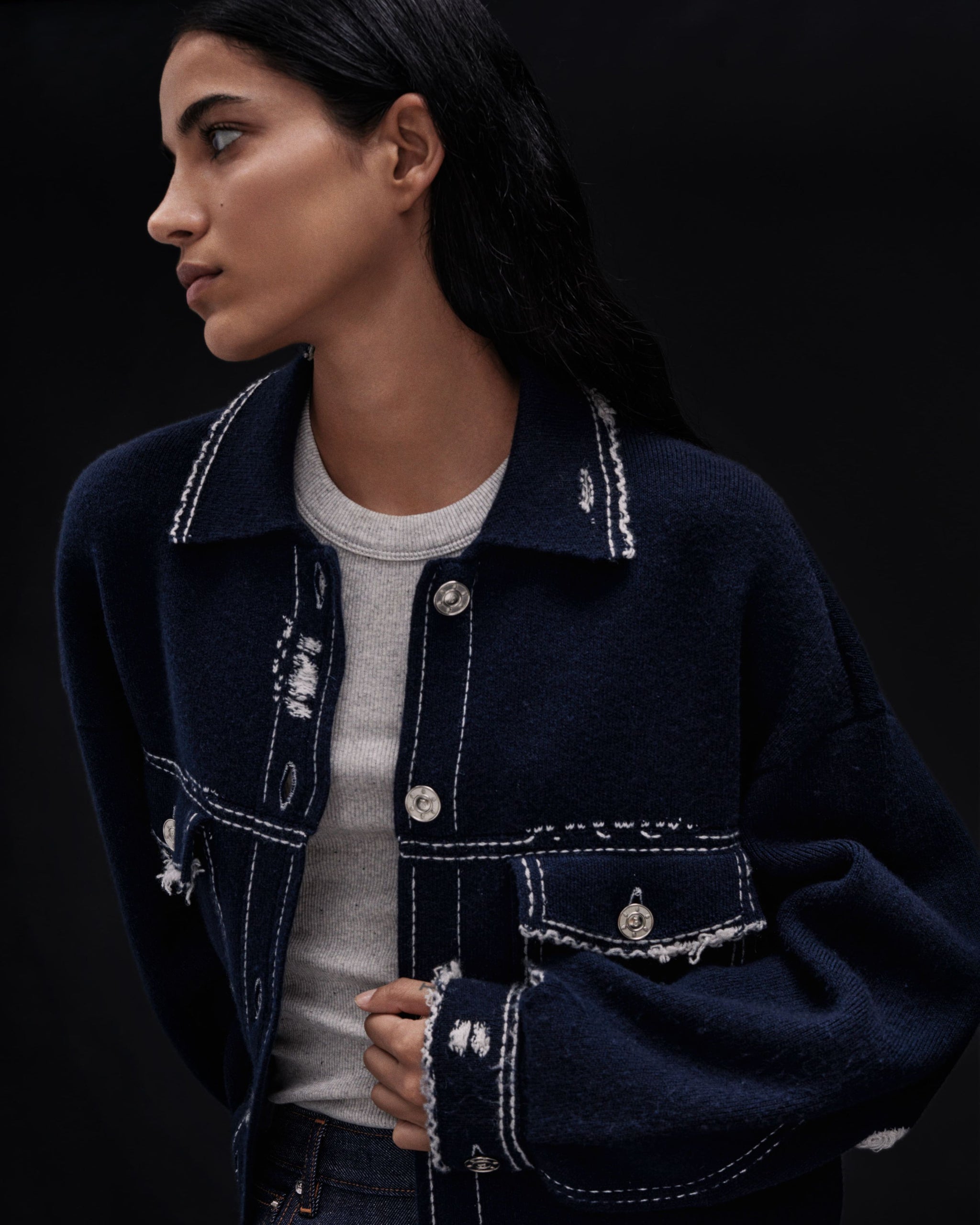 Denim fringed cashmere and cotton jacket – Barrie.com